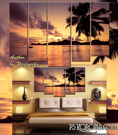 Landscape, sea sunset, island, palm - Polyptych in psd format