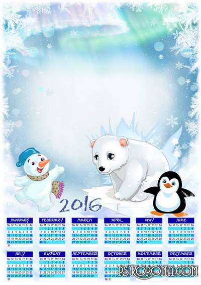 Winter PNG calendar for kids and baby pictures with snowman, bear and ...