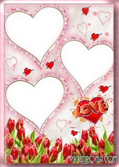 Frame for lovers with hearts and flowers - Three flaming heart