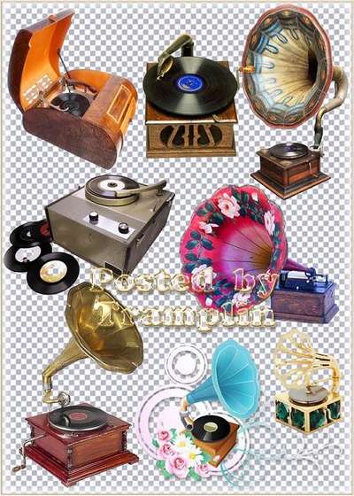 Phonographs, gramophones and record players on a transparent background