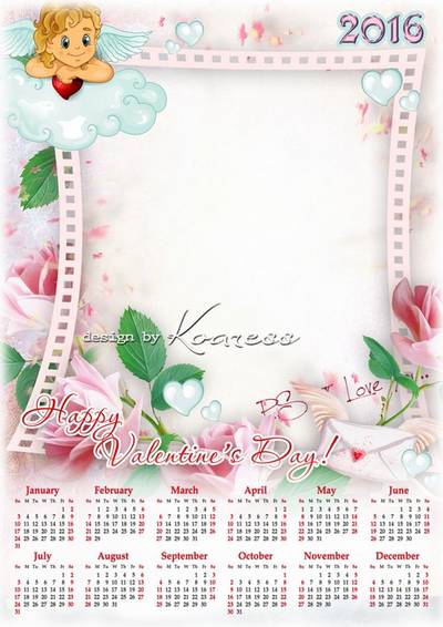 Free 2016 photo calendar psd template romantic style with hearts, angel ...