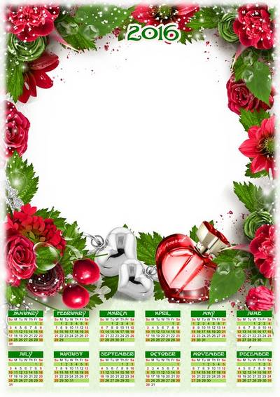 Romantic photo calendar template 2016 psd with flowers and hearts ...