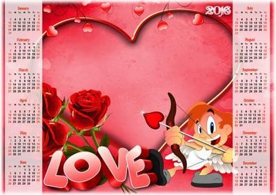 2 Love calendar free psd template for 2016 with hearts and red roses