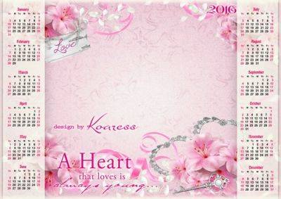 Template calendar 2016 psd with frame - romantic flowers in pink style ...