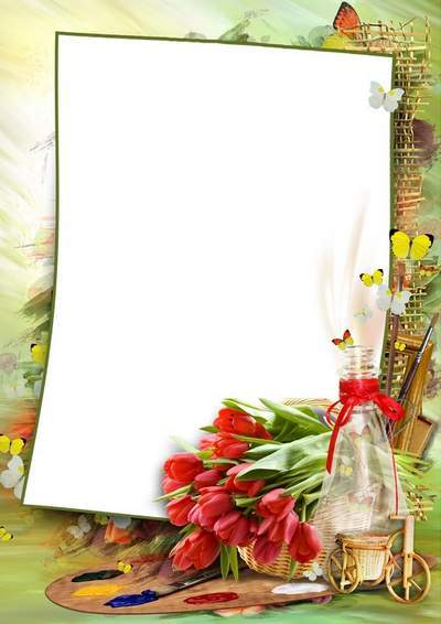 Spring frame template with flowers and butterflies - PSD 4 PNG Frames