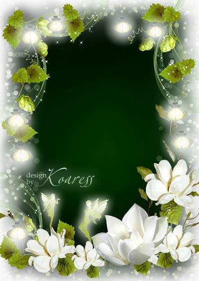 Romantic photo frame with white flowers - Soft light of a magic night ...