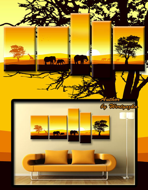 Polyptych in psd format - Landscape, savanna elephants, giraffes, painting