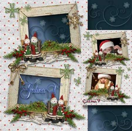 Christmas psd frame for photos in Golden Christmas design with snowflakes