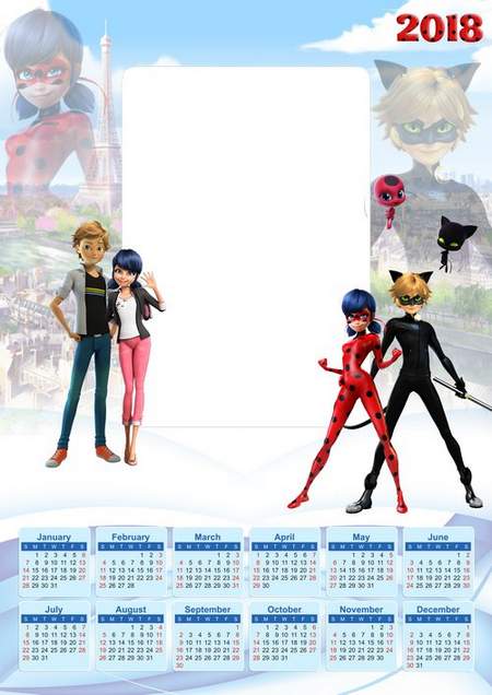 2017 and 2018 Calendar psd with cartoon characters Miraculous Ladybug ...