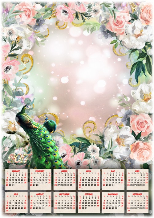 Floral calendar frame psd for 2017 - flowers and peacock ( free 2017 ...