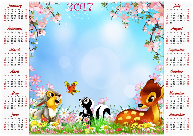 2017 Childrens calendar psd with cartoon characters Bambi and friends ...