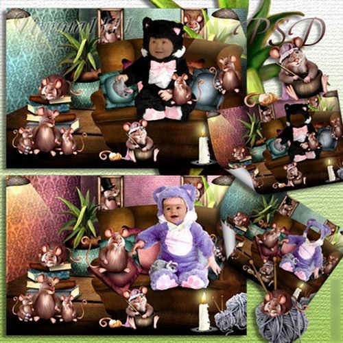 psd template for Photoshop - Kitten and little mice ( free baby psd ...