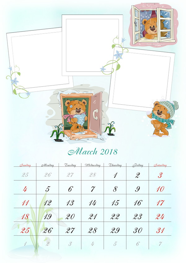 Loose leaf calendar 2018 - Cute Teddy Bears