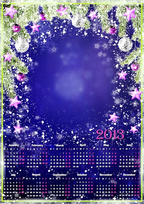 Calendar for 2013 with photo frame for Photoshop - Snowfall and some of ...