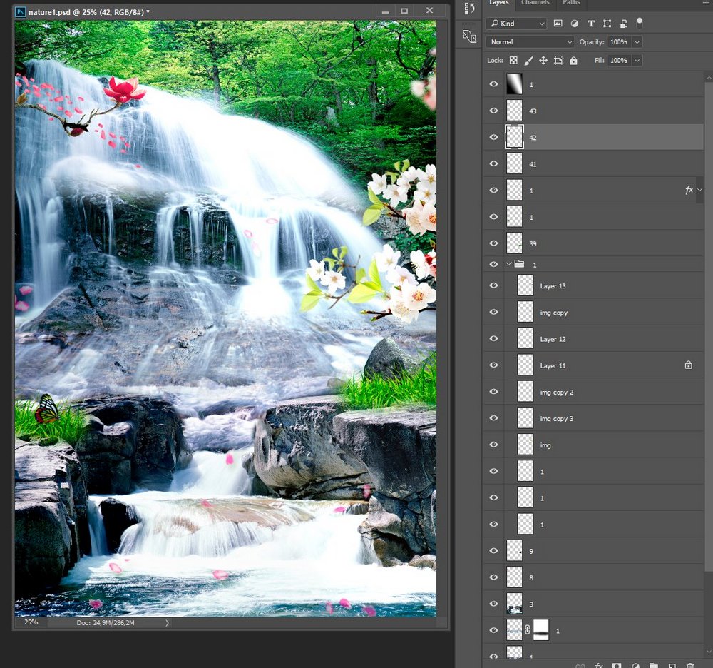 Waterfall in the Forest, Nature Free PSD file ( layered ) Free Download