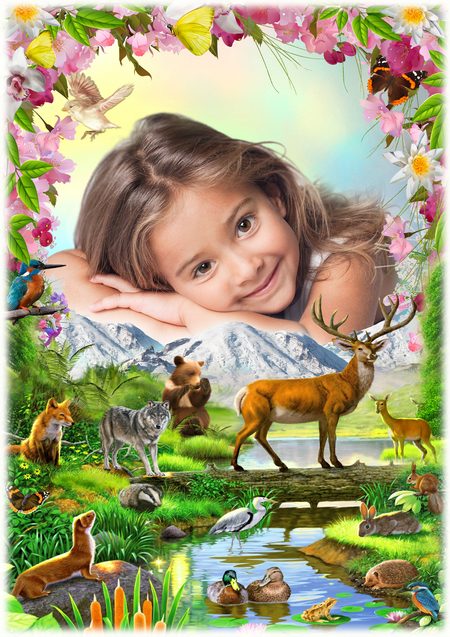 PSD, PNG, Photo frame: Nature, mountains, stream and animals