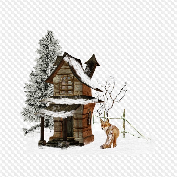 Winter houses in the snow, images on transparent background