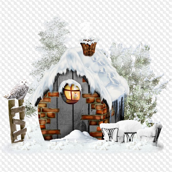 Winter houses in the snow, images on transparent background