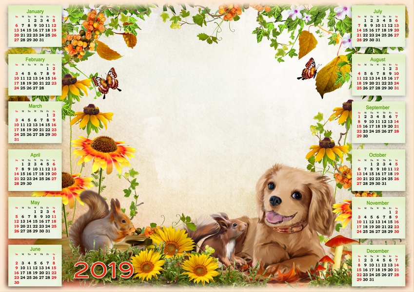 Calendar 2019 Soul Autumn. Calendar for Photoshop.