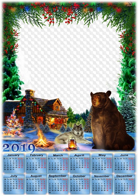 Nature, winter, night, PSD, PNG, Calendar 2019