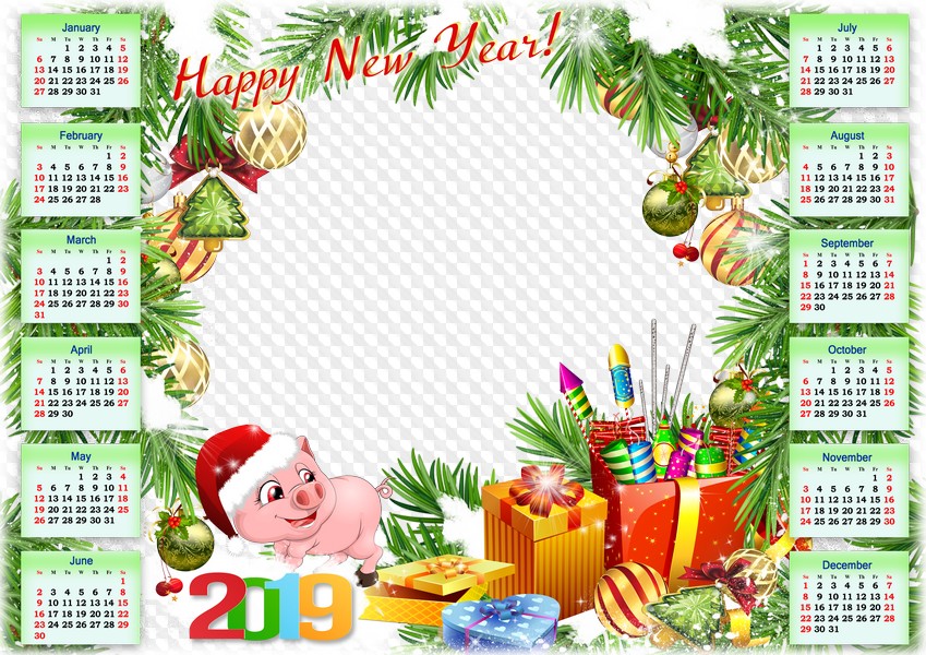 2019 Calendar, Christmas gifts, balloons and fireworks. Calendar for ...