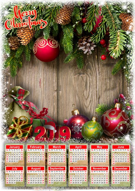 2019 Calendar, Christmas gifts, cones and balls. Calendar for Photoshop.