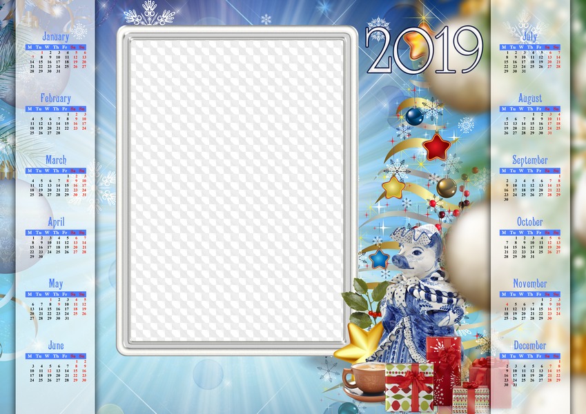 2019 Calendar photo frame, Christmas tree. Kalender für Photoshop.