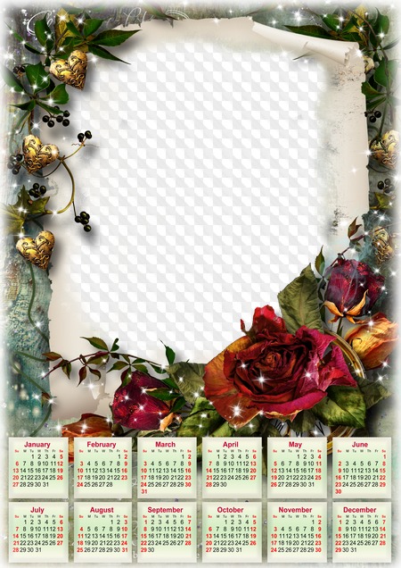 Romantic Roses, 2019 Calendar PSD, PNG. Kalender für Photoshop.
