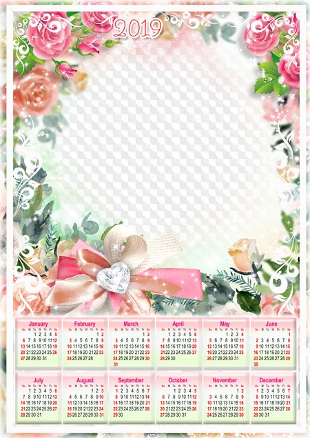 Red roses, Romantic calendar 2019, PSD, PNG. Calendar for Photoshop.