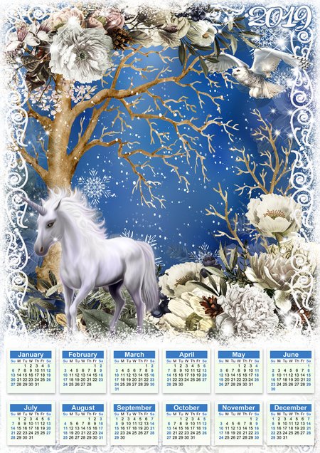 Romantic Forest, 2019 Calendar with Unicorn. Kalender für Photoshop.