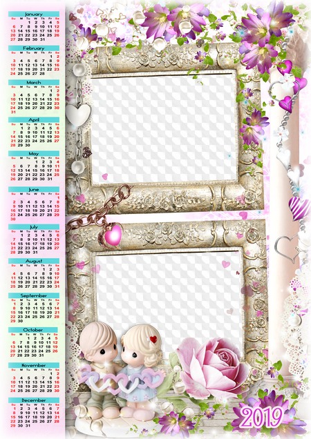 Romantic Hearts, 2019 Calendar PSD, PNG. Calendar for Photoshop.