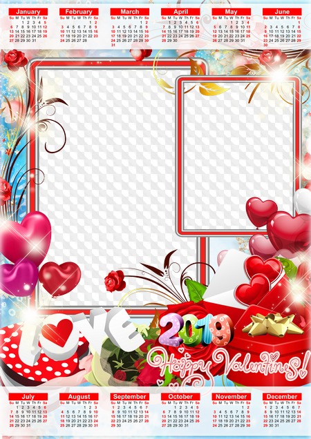 Romantic calendar 2019 with photo frame template PSD, PNG. Calendar for ...