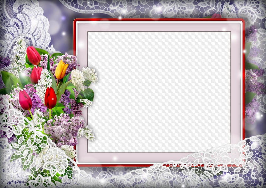 Spring photo frame with tulips, lilac and lace PSD, PNG