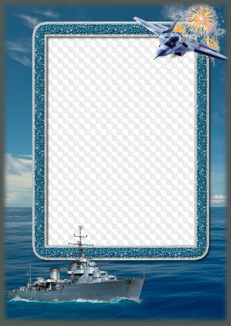Military photo frame with the ship and by plane PSD PNG