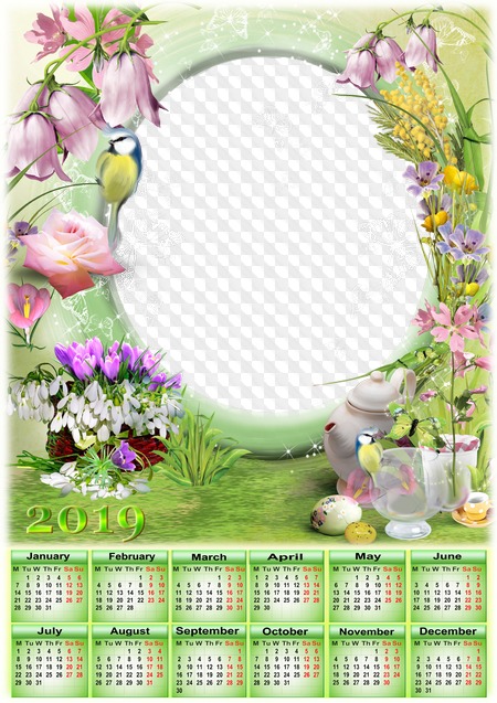 Spring calendar 2019, photo frame template PNG PSD