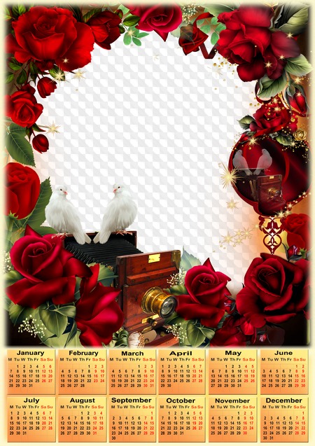 Roses and pigeons, calendar 2019, photo frame template, PNG, PSD