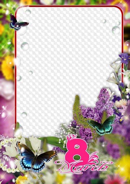 March 8! Spring flowers and butterflies, photo frame template PSD, PNG