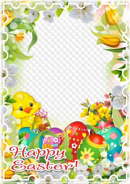 Easter photo frame with chicken and painted eggs in PSD and PNG format
