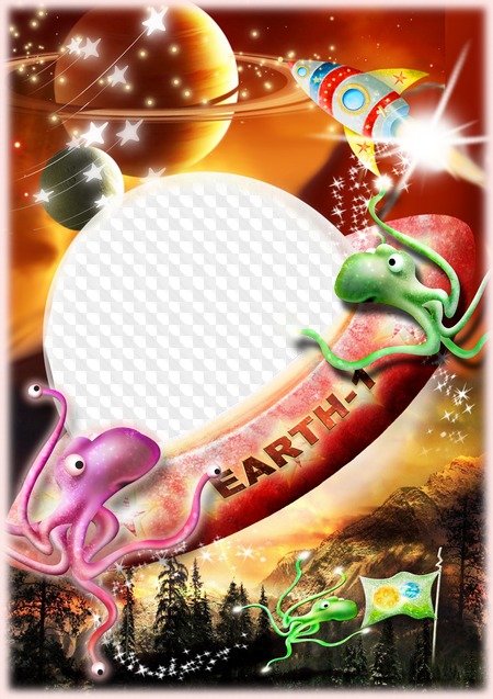 We are in a flying saucer, photo frame for Photoshop