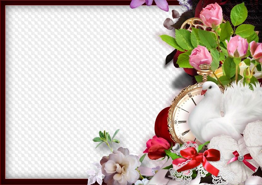 Wedding dove, flowers and white hearts, photo frame for Photoshop