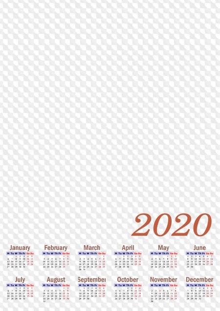 7 PSD, 7 PNG, Calendar grid for 2020