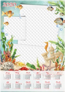 PSD, PNG, 2020 Calendar frame, 3 photo, download. Calendar for Photoshop.
