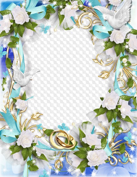 Blue wedding photo frame with doves, flowers and ribbons