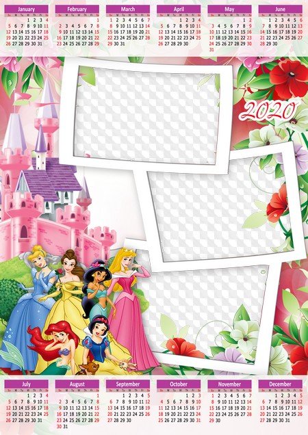 PSD, PNG, Disney Princesses near the palace, Calendar 2020. Calendar ...