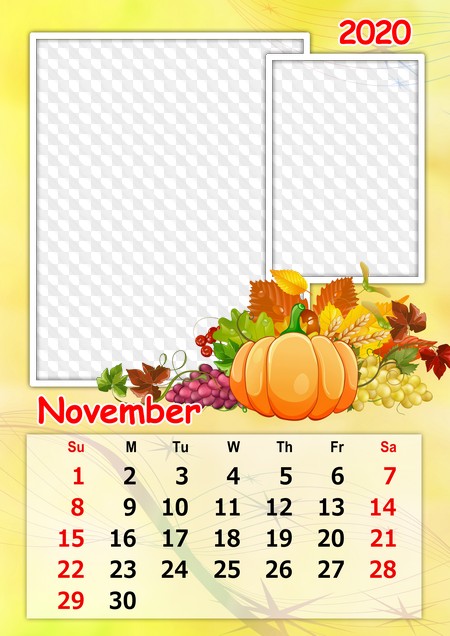13 PSD, 13 PNG, 12 Months, Wall calendar 2020 with frame for Photoshop