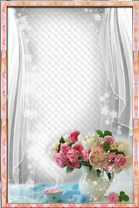 Romantic photo frame with roses and delicate rose petals