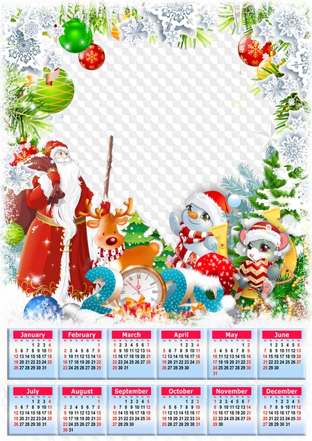 Santa Claus, deer, snowman and mouse, 2020 calendar photo frame ...