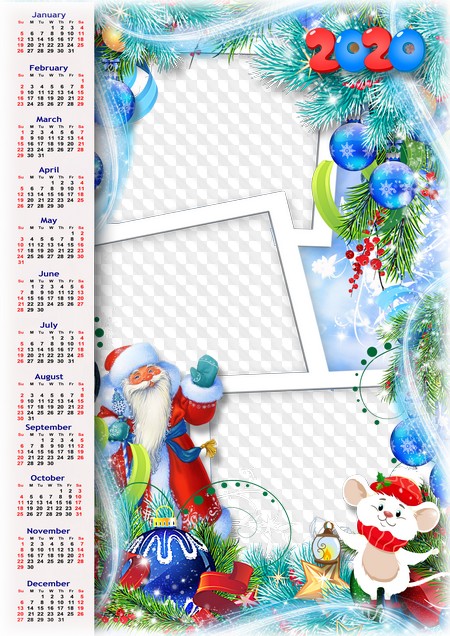 PSD, PNG, Santa with gifts, white rat, 2020 calendar frame. Kalender ...