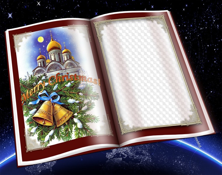 PSD, PNG, Open book, photo frame Merry Christmas, with church.