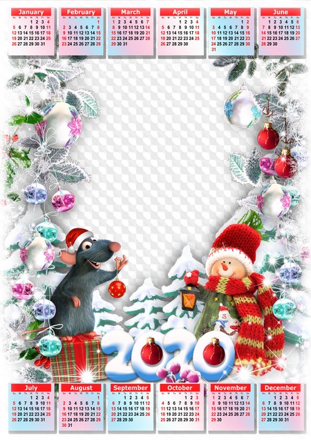 PNG, PSD, Snowman and Rat, 2020 Calendar photo frame